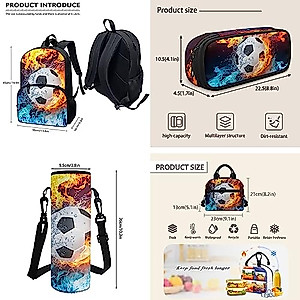 Drydeepin Blue Orange Flame Fire Football Soccer Ball Print 4Pcs School Bag Set for Kids Boys School Backpack with Lunch Box and Water Bottle Holder Pencil Pouch Middle School Student Bookbag