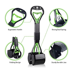 HEAPETBON 17.7" Pooper Scooper for Dogs, Folding Poop Scoop for Long Handle, Stable Jaw Scoop Easy for Small Pet Poop, Grass and Gravel Pick Up - Green