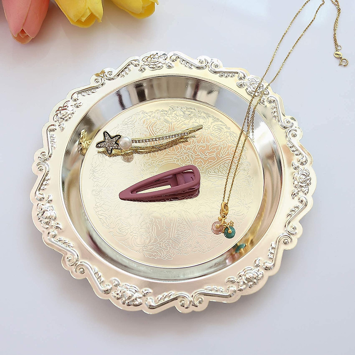 Small Round Jewelry Tray Jewelry Holder Organizer Dessert Plate Fruit Dish Ring Dish Organizer Holder Home Decor Wedding Gift for Perfume Candle Holiday Party (Silver, Small)