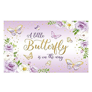 Funnytree 7x5FT A Little Butterfly is On The Way Purple Backdrop Girl 1st Birthday Baby Shower Princess Party Supplies Flower Background Cake Table Decor Favors Photobooth Props Gift Banner