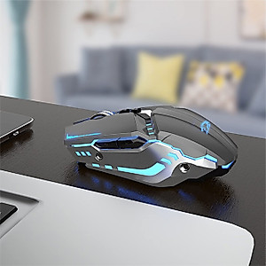TENMOS T12 Wireless Gaming Mouse Rechargeable, 2.4G Silent Optical Wireless Computer Mice with Changeable LED Light for Laptop PC, 7 Buttons, 3 Adjustable DPI (Grey)