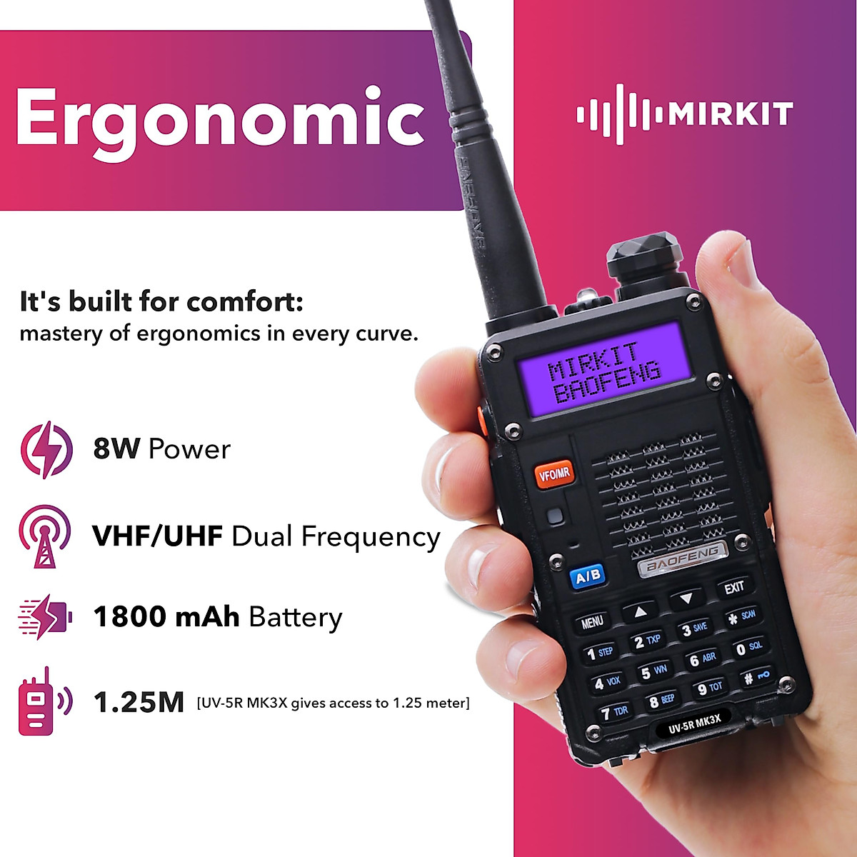 Mirkit Baofeng Radio UV-5R MK3X Legal Power Tri-Band Radio 2024 VHF/UHF 144-148/222-225/420-450 MHz - Walkie Talkie with 2100 mAh Li-ion Baofeng Battery, Neck Strap Lanyard Mirkit Ham Radio Operator