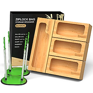 DNTGVUP Ziplock Bag Organizer for Drawer - Bamboo Baggie Organizer Dispenser with Bag Holder, Ziplock Bag Organizer Food Storage Bag Organizer for Quart, Sandwich&Snack for Various Size Ziplock Bag