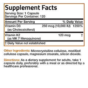 Bronson Vitamin K2 (MK7) with D3 Extra Strength Supplement Bone and Heart Health Non-GMO Formula 10,000 IU Vitamin D3 & 120 mcg Vitamin K2 MK-7 Easy to Swallow Vitamin D & K, 120 Capsules