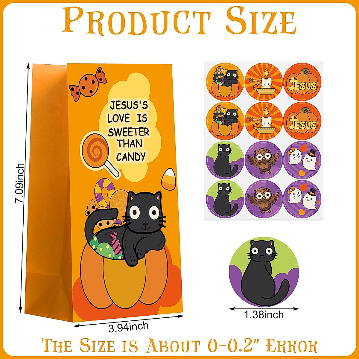 Spakon 36 Pcs Religious Halloween Candy Bag Party Favors with 36 Stickers Trick or Treat Candy Favor Bag Filler Paper Supplies for Religious Halloween Theme Party Decorations Gifts to Friends