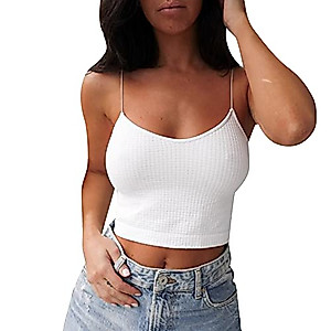 Women’s Sexy V Neck Lace Crop Tops Ribbed Knit Crochet Camisole Cami Crop Tank Tops Sleeveless Camisole Clubwear Vest White