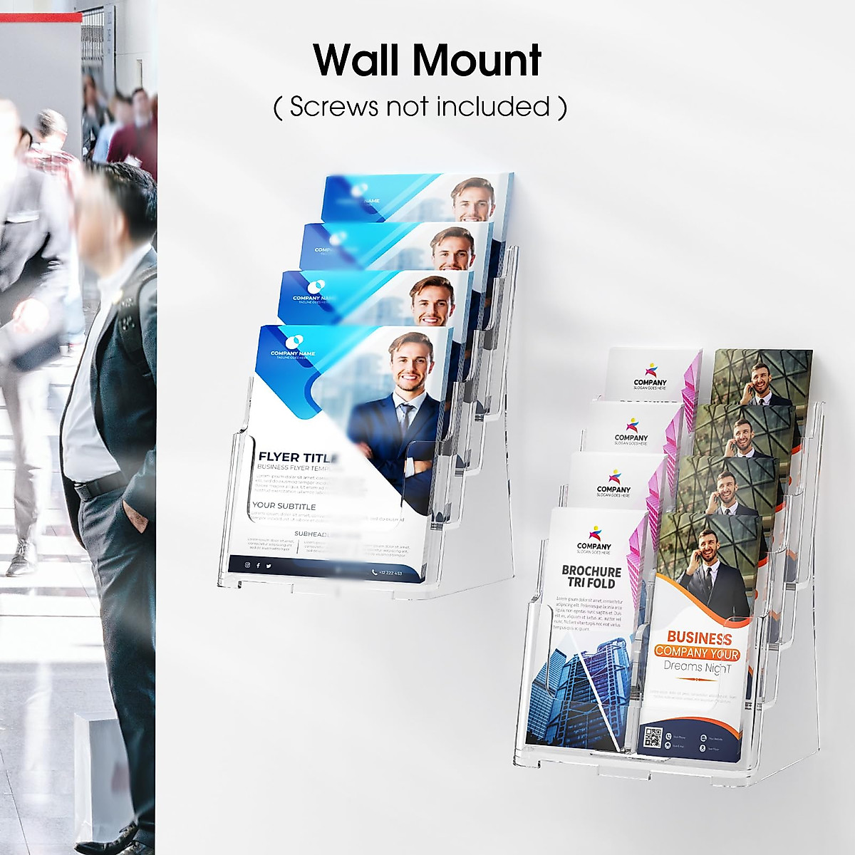 MaxGear Acrylic Brochure Holder 8.5 x 11 inch, Clear Literature Organizer Magazine Stand with Removable Divider for 4 x 9 inch Brochures, 4 Tier Pamphlet Display for Wall Mount or Countertop