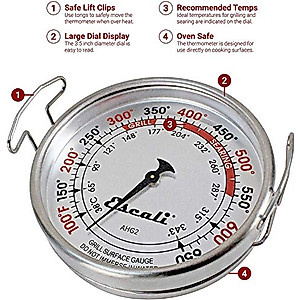Escali AHG2 Stainless Steel Extra Large Direct Grill Surface Thermometer, Searing Temperature Zones 100-600F Degree Range
