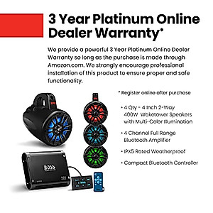 Boss Audio Systems UNI4RGB ATV UTV Marine Audio Stereo System Package – BPS4B 4 Channel Full Range Bluetooth Amplifier, 4 MRWT40 4 Inch Waketower Speakers, IPX5 Rated Weatherproof, Tweeters