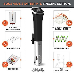 Sous Vide Cooker Starter Kit | All In One | Sous Vide Immersion Circulator Slim Design 1000W, 20 Sous Vide Reusable Vacuum Bags, Electric Pump, Sous Vide Clips, Cookbook | Special Edition