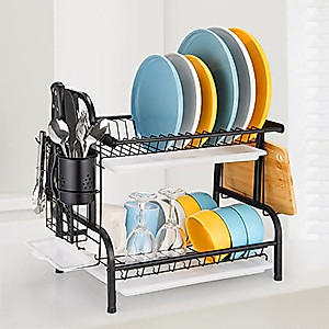 JOFTIX Dish Drying Rack, 2 Tier Stainless Steel Dish Rack for Kitchen Counter, Large Rust-Proof Dish Drainer with Drainboard, Utensil Holder, Cutting Board Holder, Black