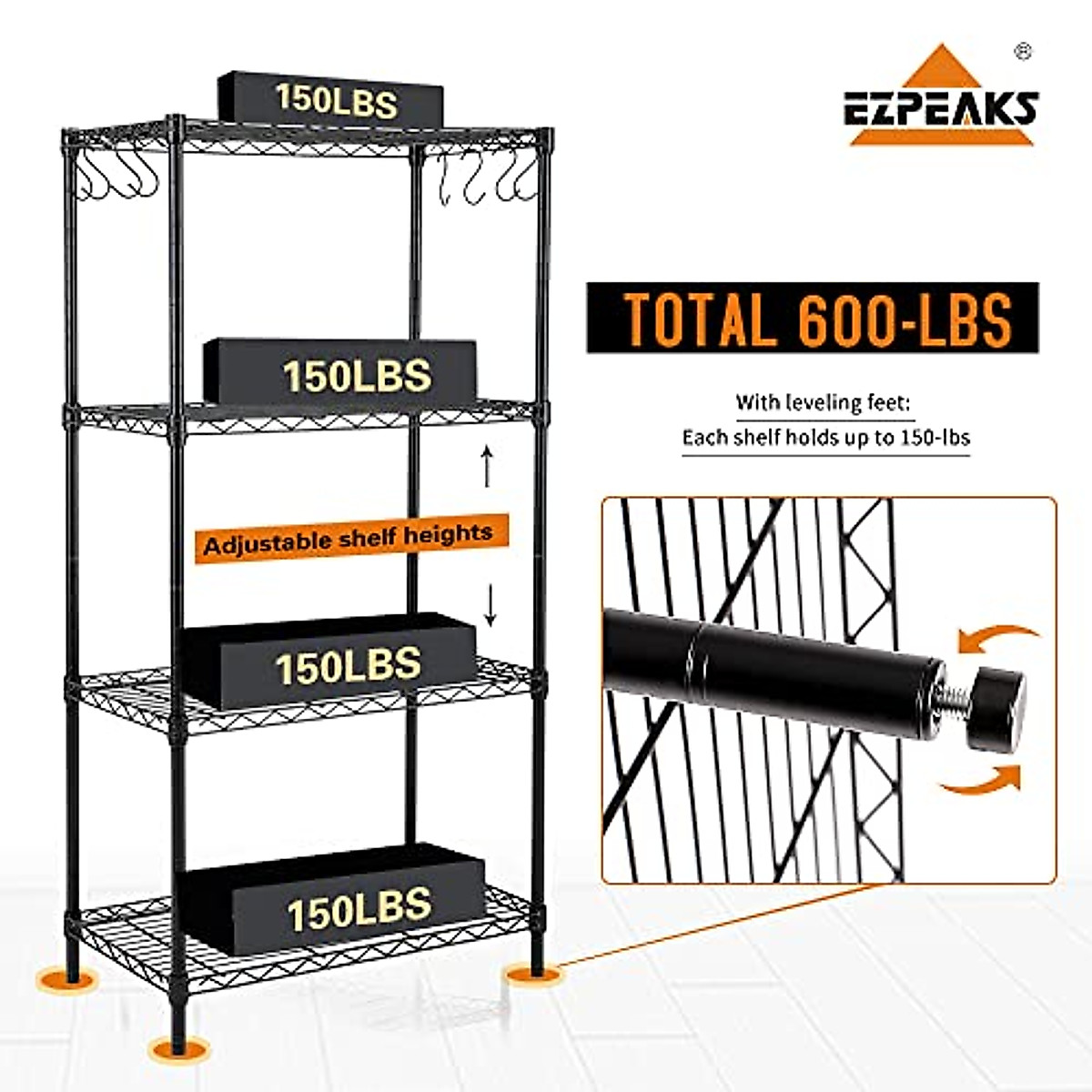 EZPEAKS 4-Shelf Shelving Unit with 8 Hooks and 4-Shelf Liners, NSF Certified, Adjustable Metal Wire Shelves, Shelving Rack and Storage for Kitchen Laundry Bathroom Pantry Closet(23.6W x 14D x 47H)