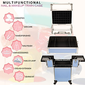 Ver Beauty 7 in 1 Professional Rolling Makeup Nail Tech Travel Case Cosmetic Organizer Storage Clear Acrylic Panel with 4 Wheels Nail Polish Holder and Extra Lid (Lavender Stripe)