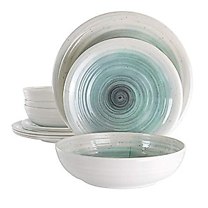 Elama Lightweight Dinnerware Set, 12 Piece, White and Light Blue