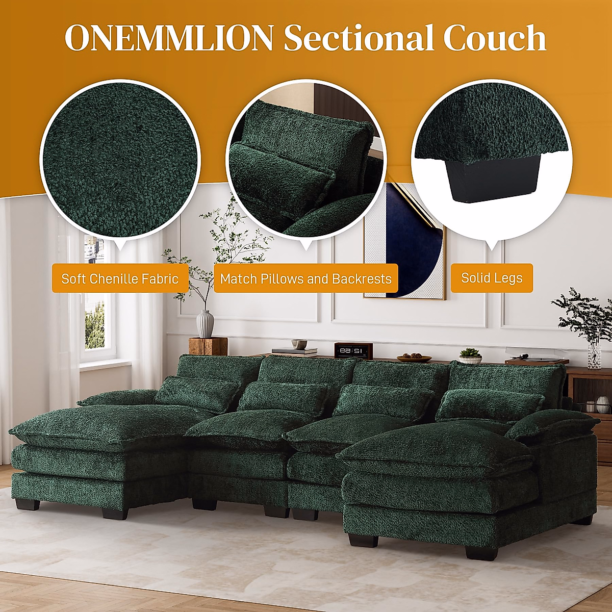 ONEMMLION U Shape Sectional Sofa Cloud Couch for Living Room, 110" Modern Chenille Comfy Modular Sofa, 4 Seat Upholstery Sofa Sleeper with Double Chaise & Memory Foam, Emerald Green