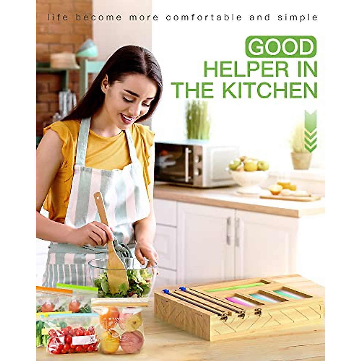 6 In 1 Ziplock Bag Storage Organizer, Foil and Plastic Wrap Organizer, Uamector Bamboo Aluminum Foil Dispenser with Cutter for Kitchen Drawer, Applies to Gallon Quart Sandwich Snack Bags, Cling Film Aluminum Foil, etc