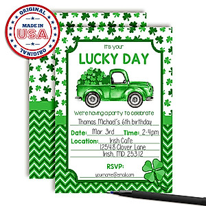 Lucky Day Truck with Clover Birthday St. Patrick’s Day Party Invitations, 20 5x7 Fill In Cards with Twenty White Envelopes by AmandaCreation