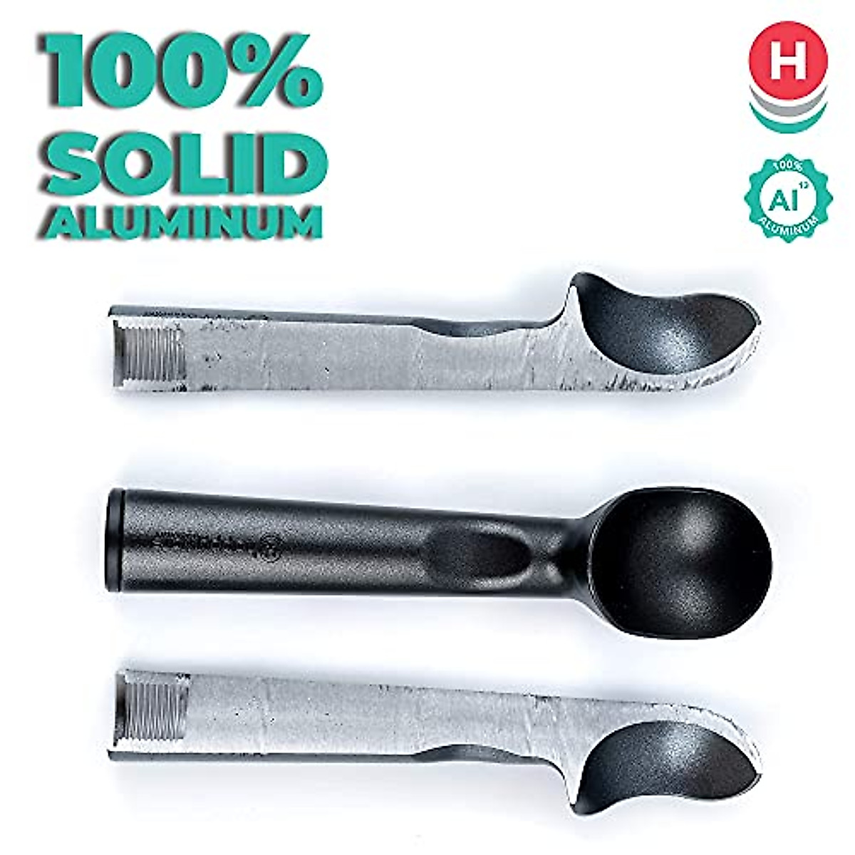 HAPPYWARE CO. Ultra Premium Ice Cream Scoop - Heat Conductive One-Piece Solid Aluminum, Dishwasher Safe, Black