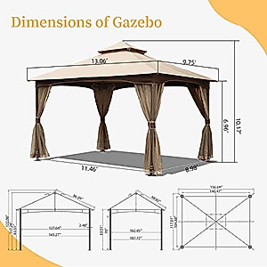 Domi 10'x13' Gazebo, Outdoor Gazebo with Mosquito Netting, Metal Frame Double Roof Soft Top Patio Gazebo Canopy Tent for Deck Backyard Garden Lawns