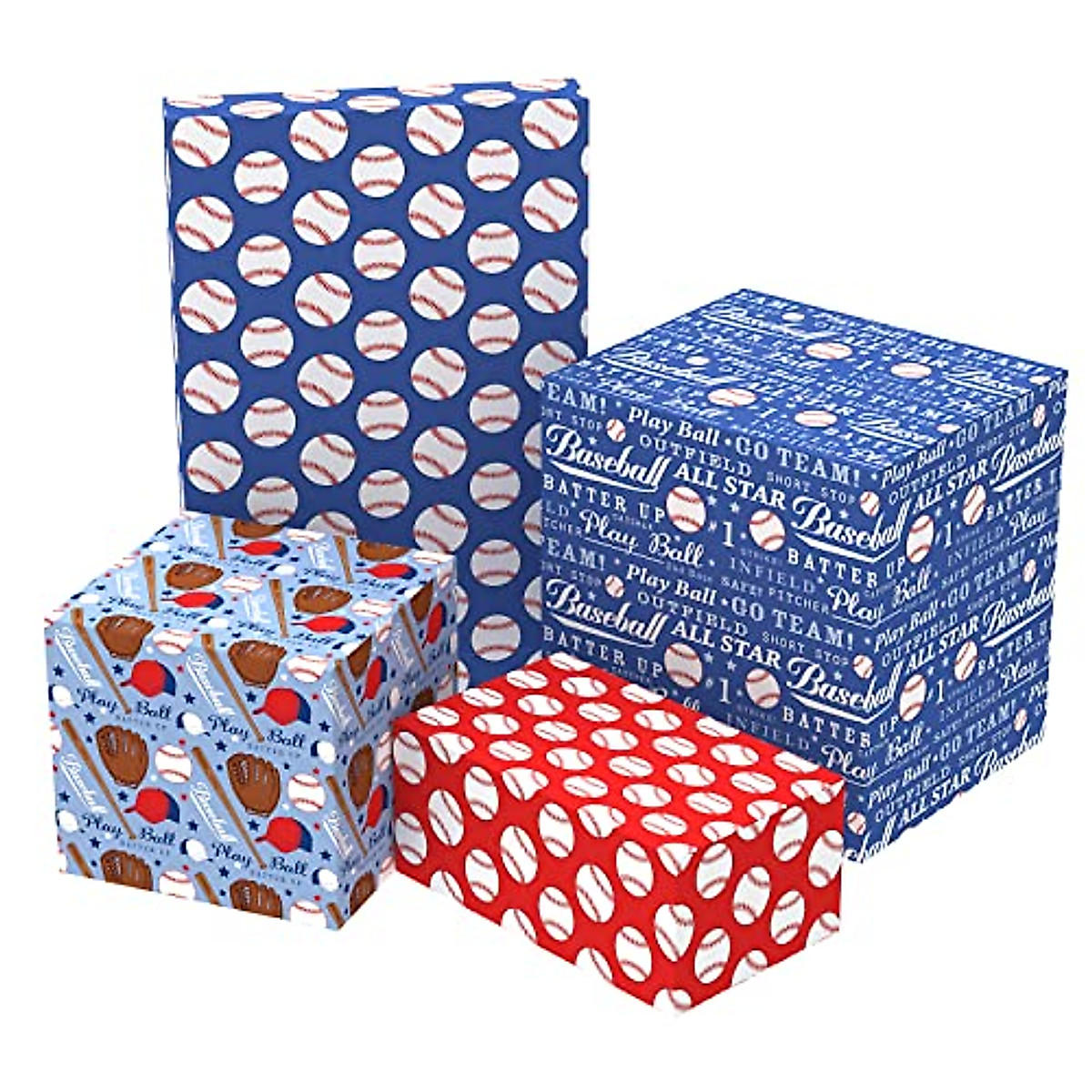 FIEHALA Flat Wrapping Paper Sheets - 12 Sheets with 4 Baseball Patterns - Pre cut & Folded Flat Design (20 inch × 27.5 inch per sheet)