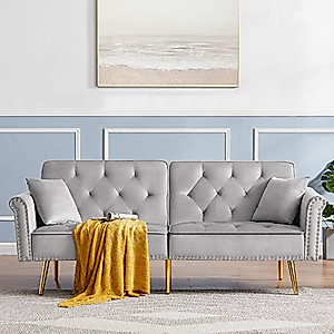 HUAYICUN Loveseat Convertible Sleeper Sofa, Modern Velvet Futon Sofa with 2 Pillows, Modern Armchair Accents Couch Metal Legs Lounge Chairs for Living Room