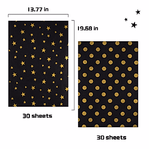 MR FIVE 60 Sheets Black and Gold Tissue Paper Bulk,20" x 14",Black Tissue Paper for Gift Bags,DIY and Crafts,Gold Star Gold Polka Dot Gift Tissue Paper for Graduation,Birthday,Holiday