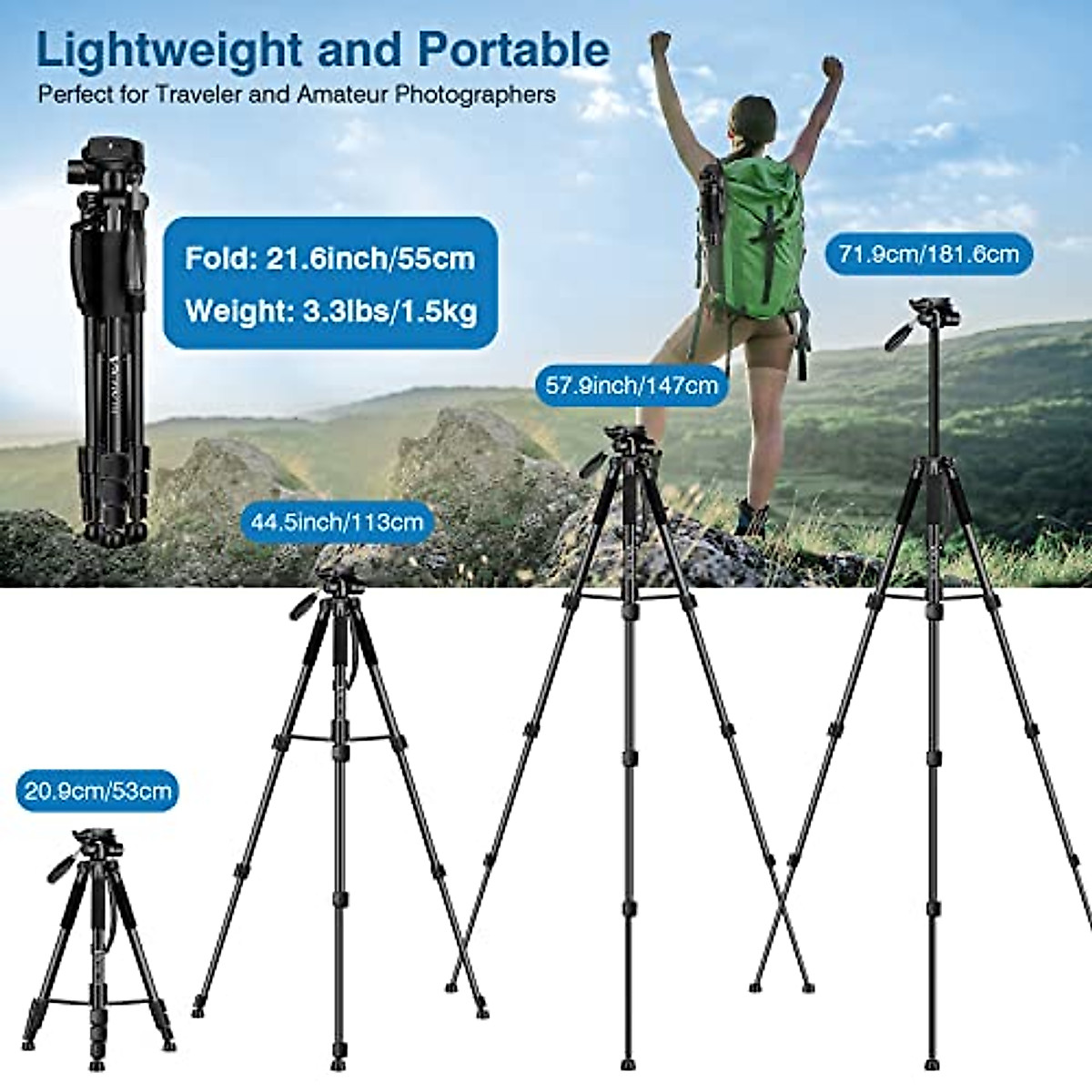 Victiv 72-inch Camera Tripod Aluminum Monopod T72 Max. Height 182 cm - Lightweight and Compact for Travel with 3-Way Swivel Head and 2 Quick Release Plates for Canon Nikon DSLR Video Shooting - Black