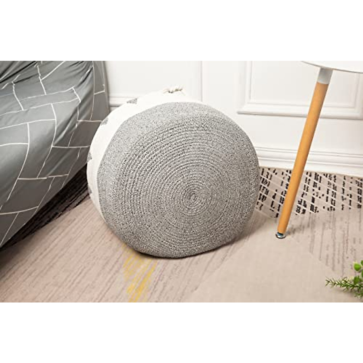 Decospark XXXL Cotton Rope Basket For Toy And Blanket Storage| 21.7" x 13.8" | Soft Long Handles | Decorative Home Organizer Ideal For Living Room, Baby Clothes And Laundry (Grey and White)