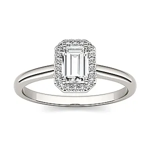 14K White Gold Moissanite by Charles & Colvard 6x4mm Emerald Halo Ring-size 7 0.68cttw DEW