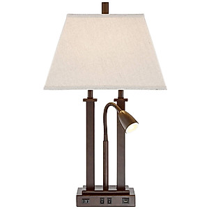 Possini Euro Design Deacon Modern Desk Table Lamp with USB and AC Power Outlet in Base Gooseneck LED 26" High Bronze Rectangular Linen Shade for Living Room Bedroom House Bedside Nightstand Home