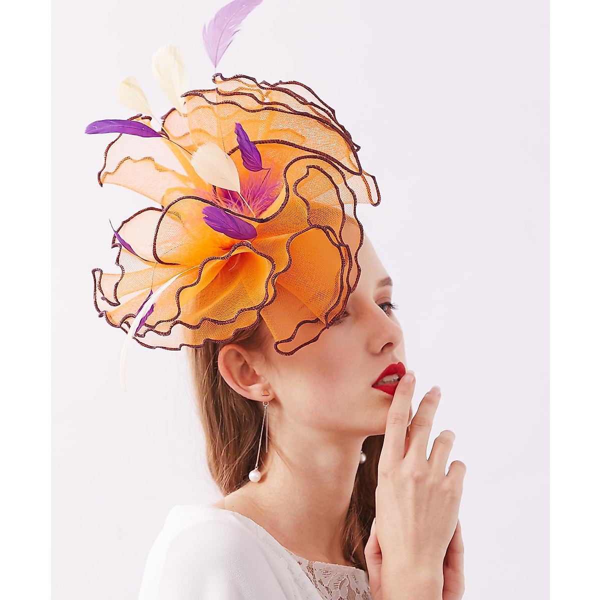 ORIDOOR Women Organza Fascinator Church Kentucky Derby Hat Floral Tea Party Wedding Hat, 003a Orange, One Size