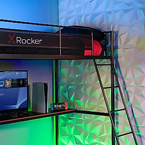 X Rocker HQ Twin Loft Gaming Bed, Durable Black Metal Frame, Built-In Console Shelving, Safe Ladder, Grid Mesh Sides, 78" x 61.4" x 72", Black