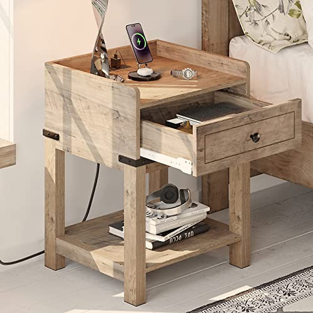 YITAHOME Farmhouse Nightstand with Charging Station, Night Stands with Drawer for Bedroom, Bedside Table with Lip for Small Space, End Side Table with USB Ports and Outlets, Set of 2, Grey