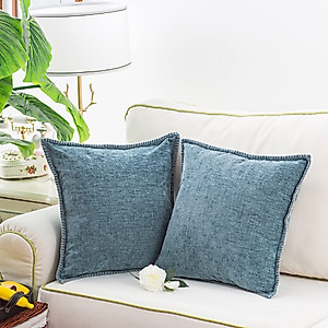 CaliTime Throw Pillow Cases Pack of 2 Cotton Thread Stitching Edges Solid Dyed Soft Chenille Cushion Covers for Couch Sofa Home Farmhouse Decoration 18 X 18 Inches Smoke Blue