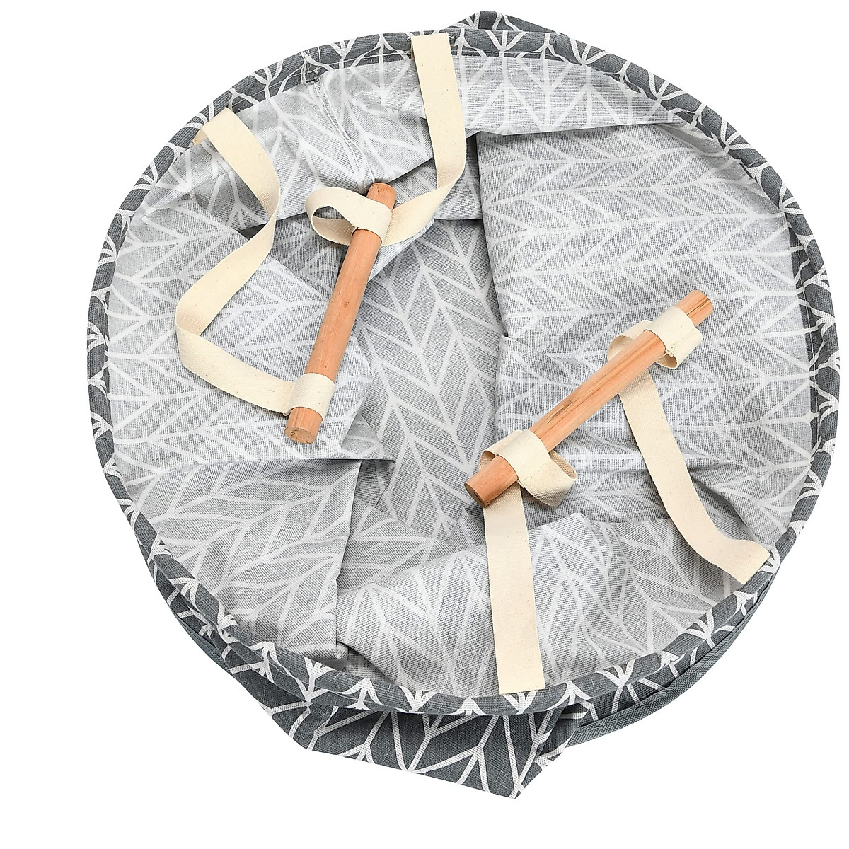 Household Essentials Round Krush Hamper with Wood Dowel Handles, Gray Chevron