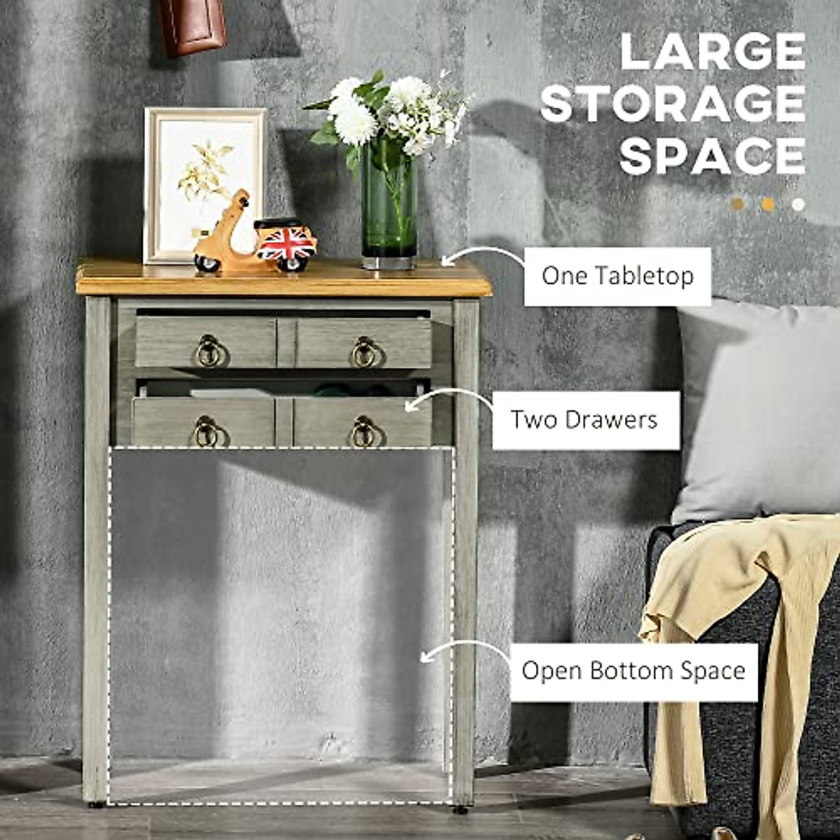 HOMCOM Vintage Console Table Retro Entryway Table with 2 Drawers for Living Room and Hallway - Grey