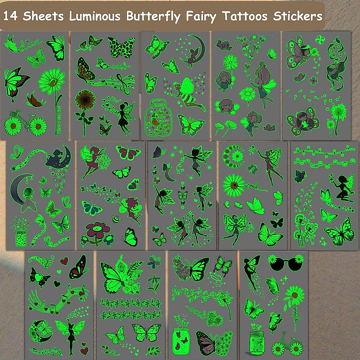 CHARLENT Luminous Butterfly Tattoos for Kids - 14 Sheets Glow in The Dark Butterfly Fairy Temporary Tattoos for Girls Birthday Party Favors Goodie Bag Fillers