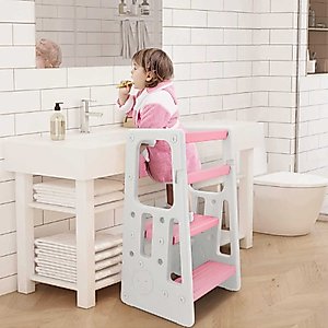 Nursery Kitchen Step Stool w/ 3 Adjustable Heights Toddler Standing Tower Kids Learning Stool w/Double Safety Rails & Non-Slip Foot Pads Cooking Stool Stand Helper Bathroom Counter Footstool (Pink)