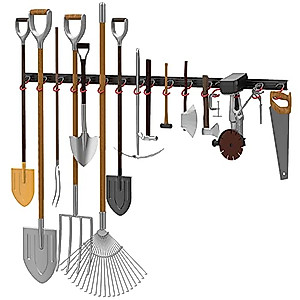 WALMANN All Metal 64 Inch Wall Mount Garden Tool Organizer for Garage, Mop and Broom Holder, Yard Tool Storage Rack for Rake, Shovel, Spade, Mop, Broom(4 Rails, 16 Hooks)