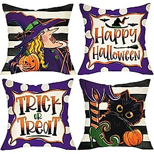 Fjfz Happy Halloween Witch Decorative Throw Pillow Covers 18 x 18 Set of 4, Trick or Treat Black Cat Pumpkin Fall Porch Outdoor Home Decor, Purple Polka Dots Stripes Autumn Holiday Couch Cushion Case