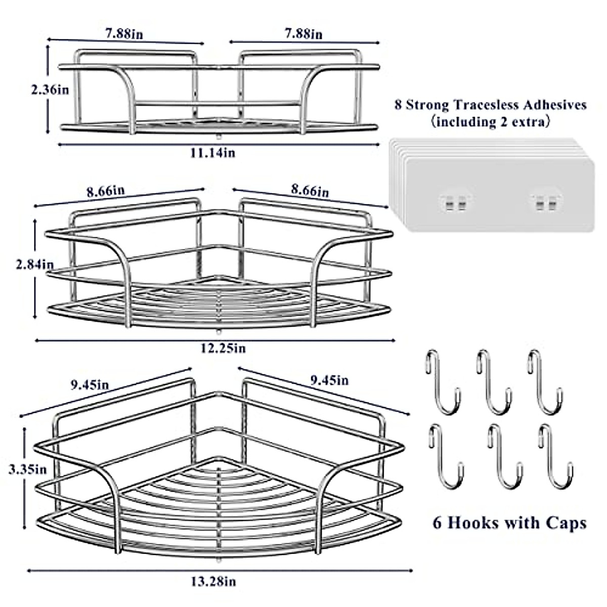 3 Pack Corner Shower Caddy: Stainless Steel No-drilling Bathroom Organizer for All 90° Corners- Installed in Minutes, Heavy Duty Shower Shelves for Storage- 6 Metal Hooks with Caps, 2 Extra Adhesives
