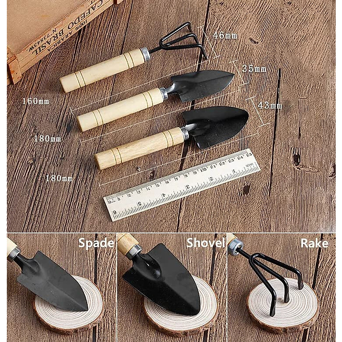 Gardenera Bonsai 3PC Gardening Tool Set: Rake, Spade, Shovel - Wooden Handles - Best Kit for Potted Plant, Flower and Seedling Care - Ergonomic Design for Little Hands - Great Gift for Gardeners