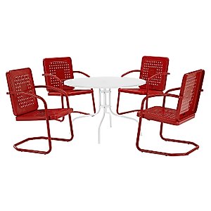 Crosley Furniture Bates 5-Piece Outdoor Dining Set for 4, Retro Metal Round Patio Table and Chairs for Deck, Bright Red Gloss