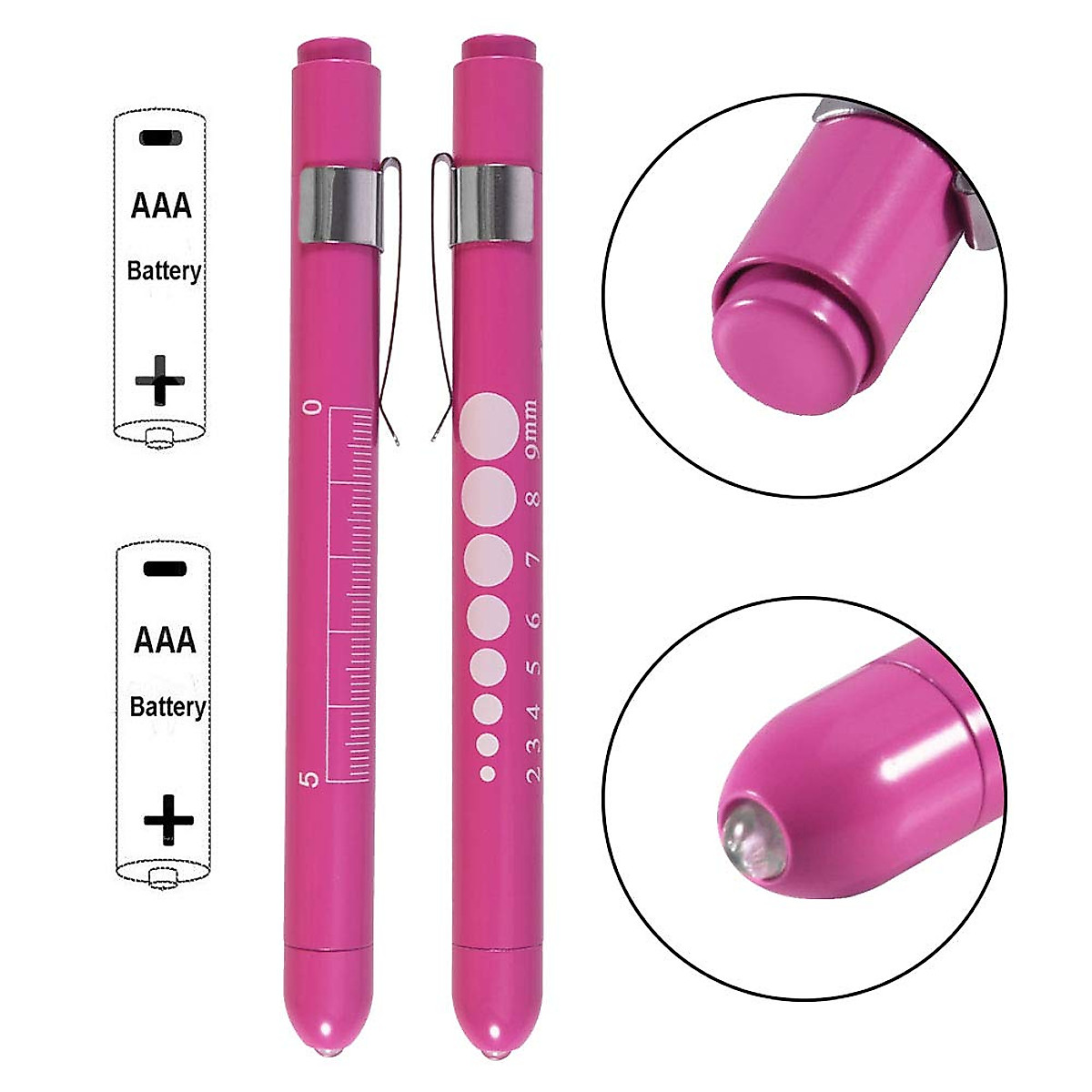 Aokin Pen Light with Pupil Gauge, Reusable LED Penlight Medical for Doctor Nurse Diagnostic etc, White Light, 2 Pcs Rose