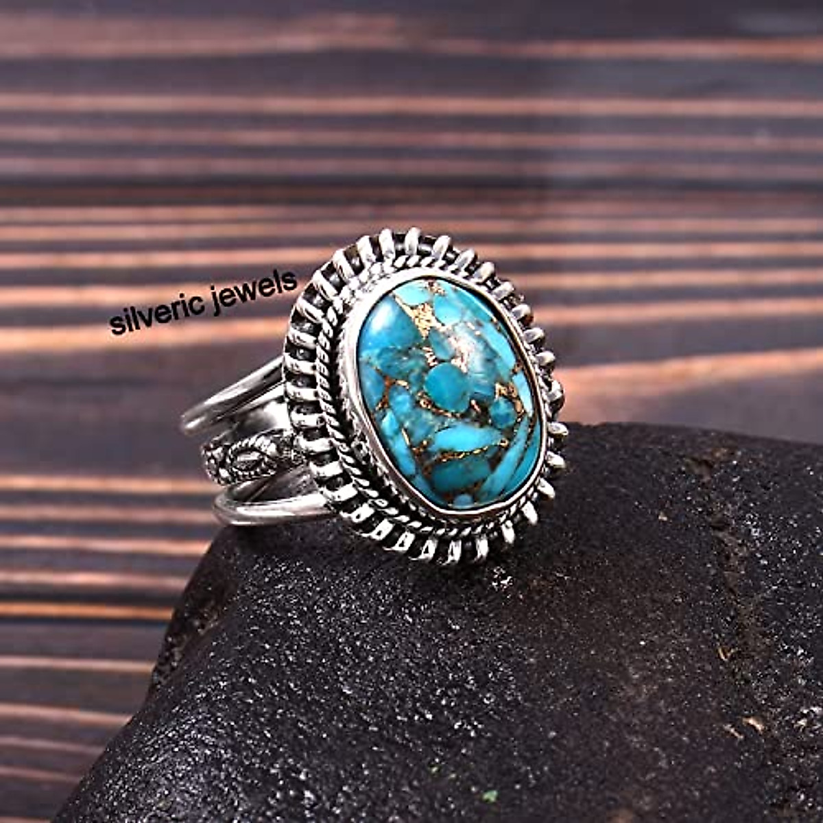 Exclusive Blue Copper Turquoise gemstone ring 925 sterling silver Couple fine fashion ring silver jewelry gift for her (11)