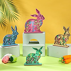 4 Pcs Easter Table Decor Bunny Wooden Signs Spring Rabbit Wood Tabletop Decorations Easter Tiered Tray Decor Bunny Freestanding Centerpiece Reversible Double Printed Bunny Table Decor with Jute Rope