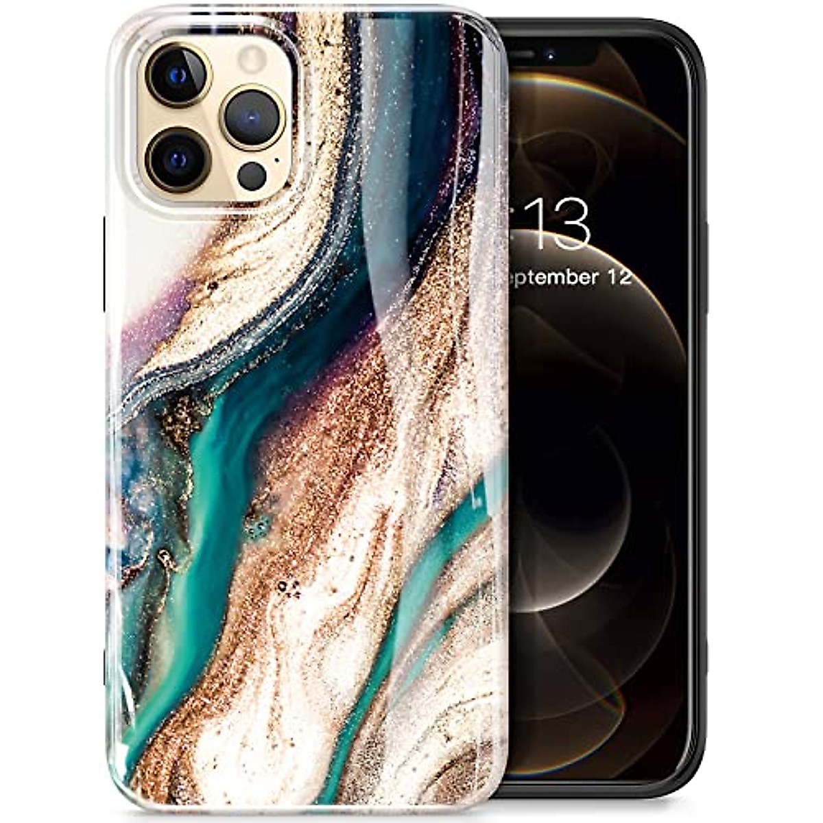 GVIEWIN for iPhone 12 Case and iPhone 12 Pro Case 6.1 Inch 2020, Marble Parttern Ultra Slim Thin Glossy Soft Durable TPU Shockproof Scratch-Proof Phone Protective Covers for Women (Drift Sand/Brown)