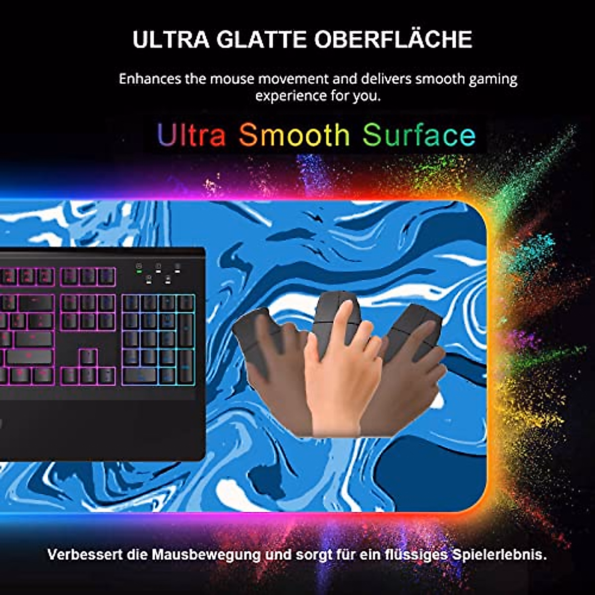 Mouse Pad Blue Water Ripple RGB Large Mouse Pad Gamer Computer LED Backlit Keyboard Gaming Accessories Desks 24 inch x12 inch