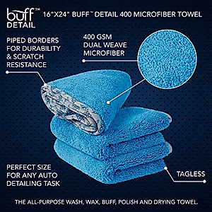 MW Pro Microfiber Car Towels (16"x 24") | 400 GSM | 80/20 Blend | Tagless | Soft Satin Piped Edges | All-Purpose Auto Detailing - Wax, Buff, Polish, Wash, Dry | 3 Pack (Blue)