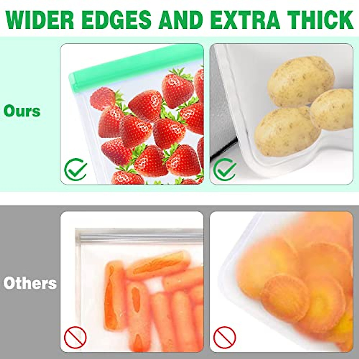 10 Pack Reusable Storage Bags, Reusable Sandwich Bags, Reusable Snack Bags, Leakproof Silicone Freezer Bags, Free Plastic BPA Free Lunch Bag for Meat Fruit Veggies (10 Pack-2 Gallon 4 Sandwich 4 Snack)